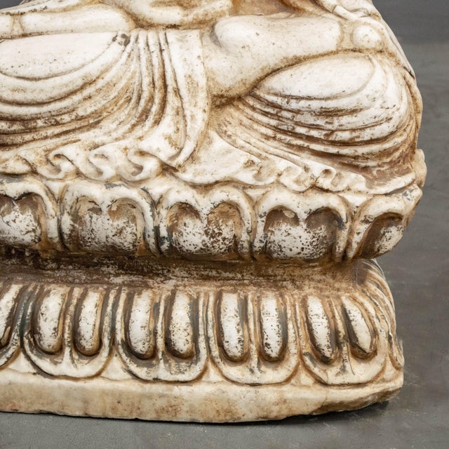 Carved and Patinated White Marble Chinese Buddha Sitting on a Lotus ...