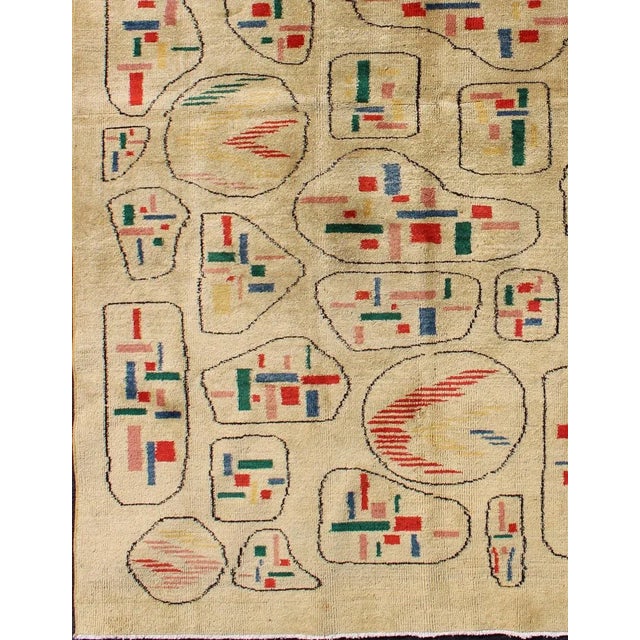 Yellow Background Vintage Turkish Mid-Century Modern Rug With Geometric ...