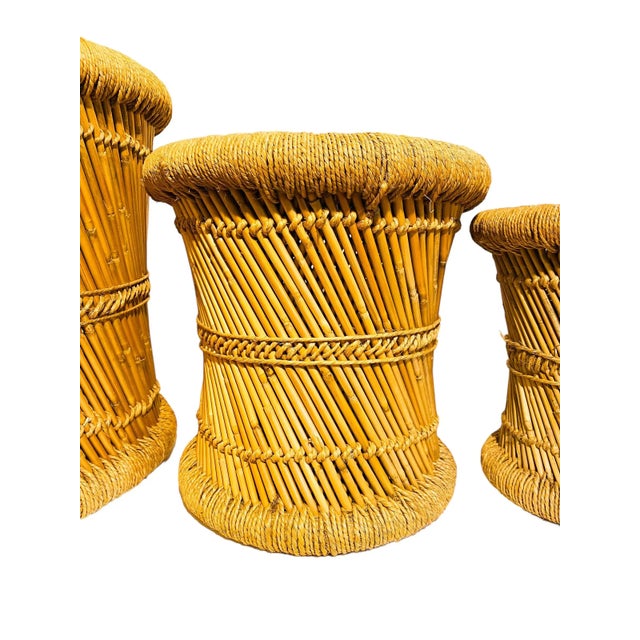 1970s Mid-Century Modern Spiral Cane & Woven Sisal Nesting Stools, Set ...