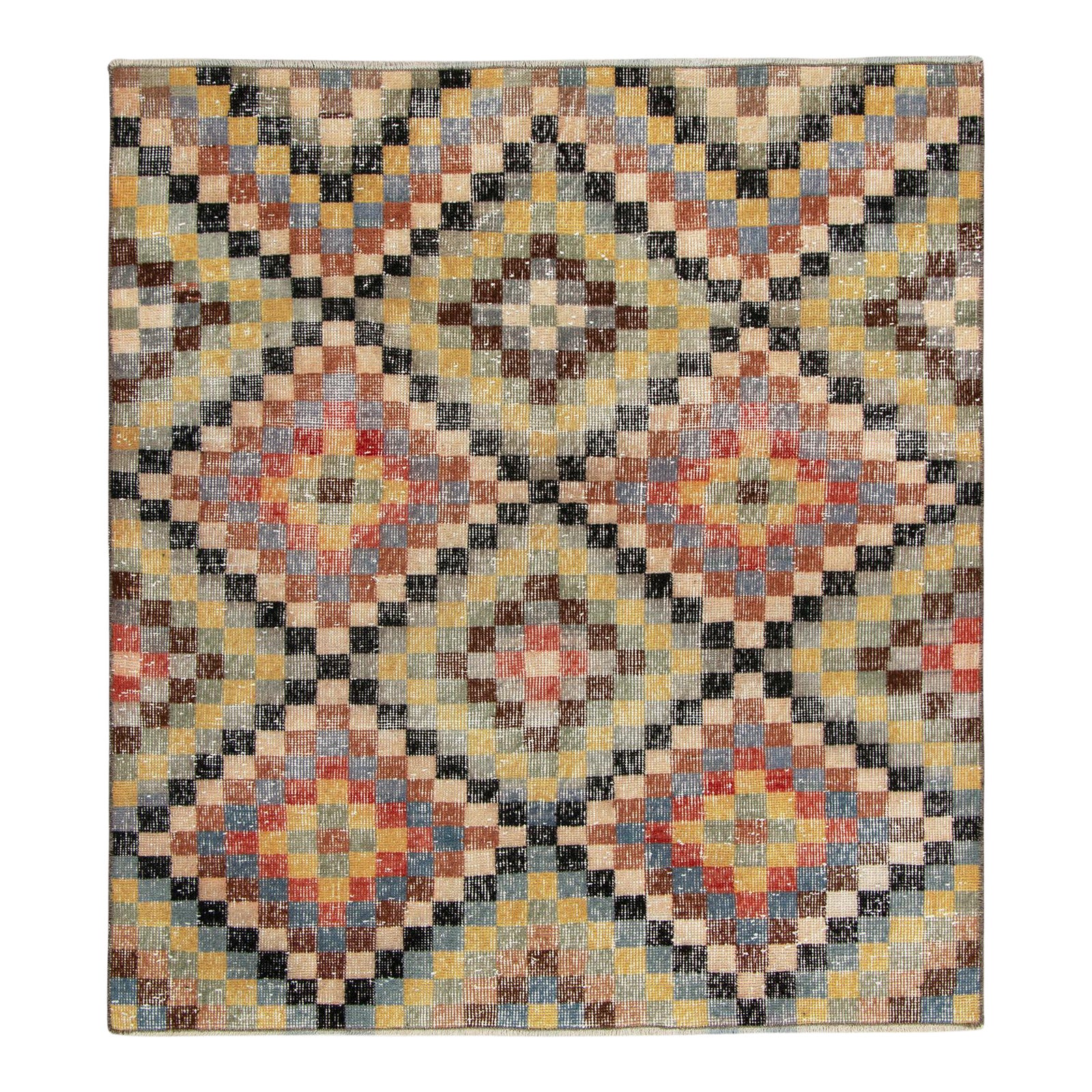 1960s Distressed Vintage Square Rug in Stone Blue, Beige-Brown ...