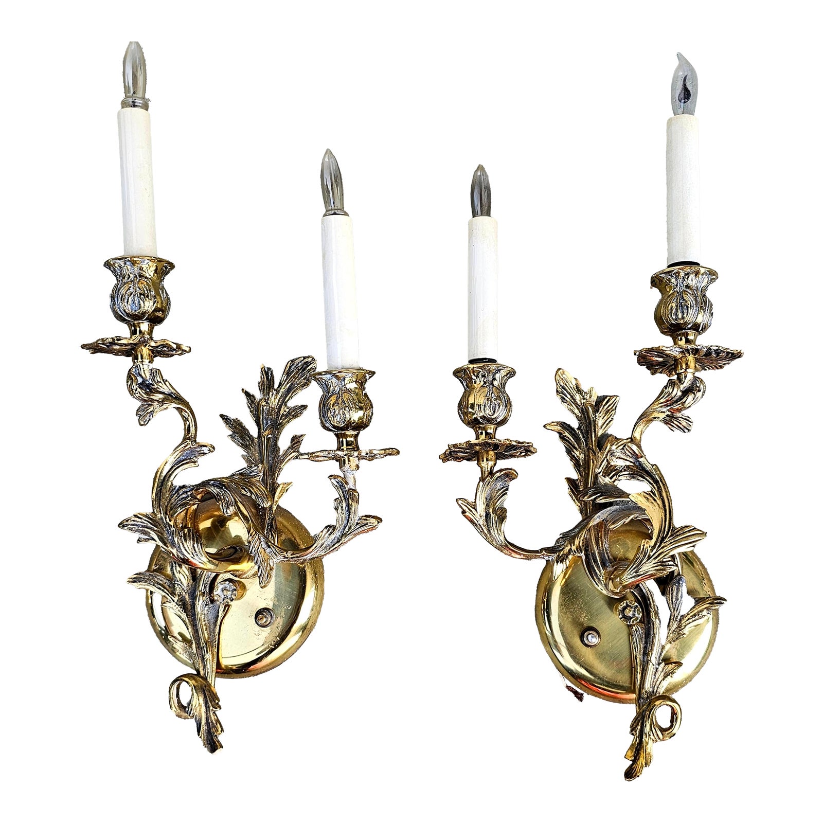 Pair of Mid 20th Century Swedish Victorian Rococo Style Brass Two Light ...