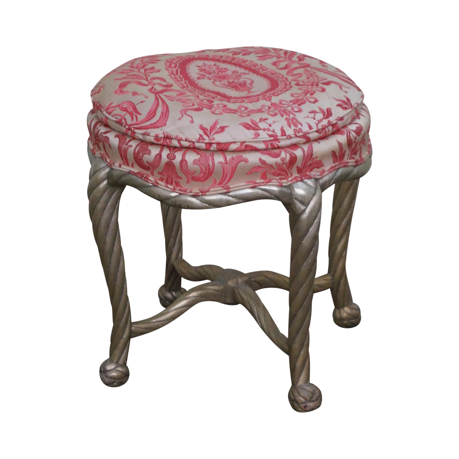 Vintage Hollywood Regency Silver Gilt Round Ottoman or Stool | Chairish