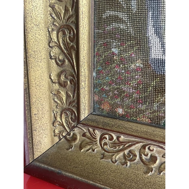 Antique Petit Point Needlepoint Medieval Lady With Two Horses, Framed ...