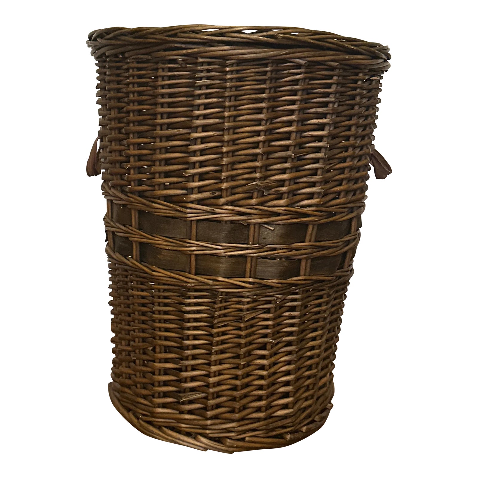 Vintage Wicker Laundry Basket With Leather Handles | Chairish