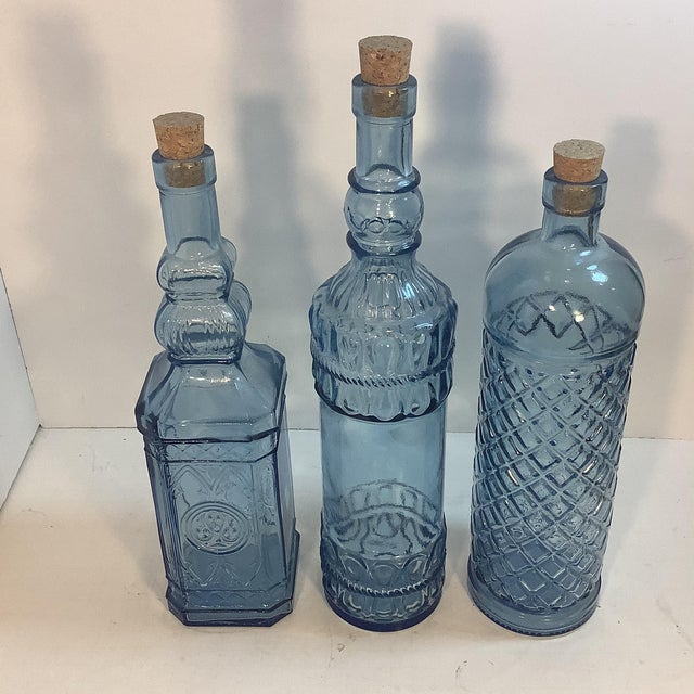 Vintage French Blue Pressed Decorative Glass Bottles - Set of 3. | Chairish