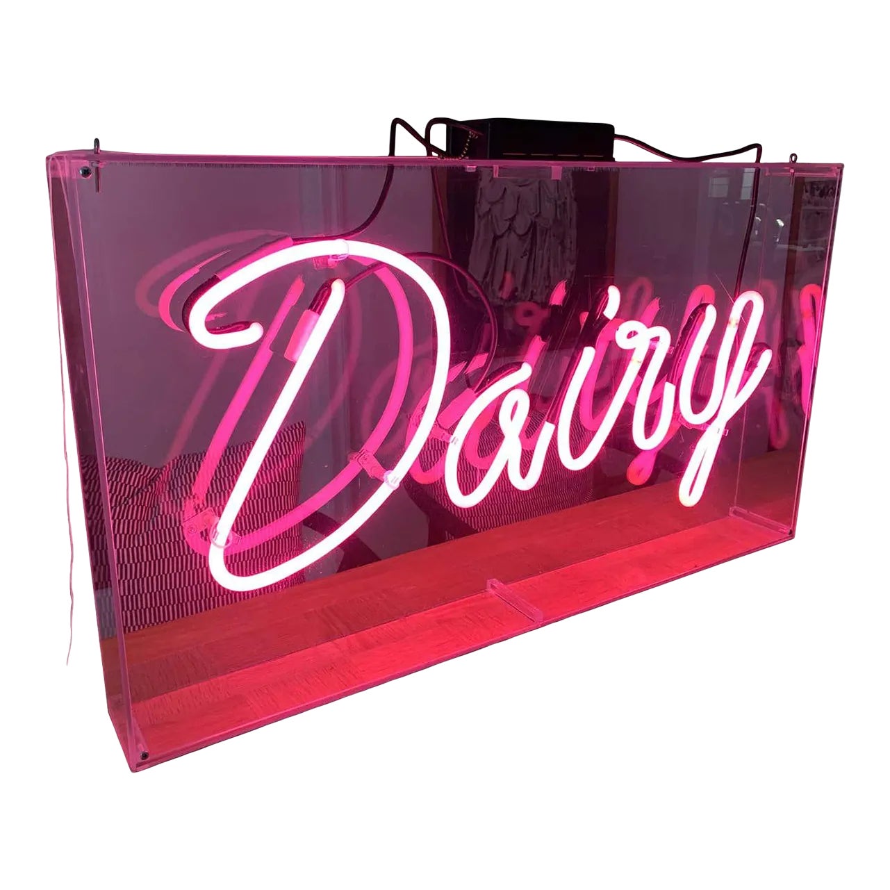 Vintage Pink Neon Dairy Sign in Hanging Lucite Box | Chairish