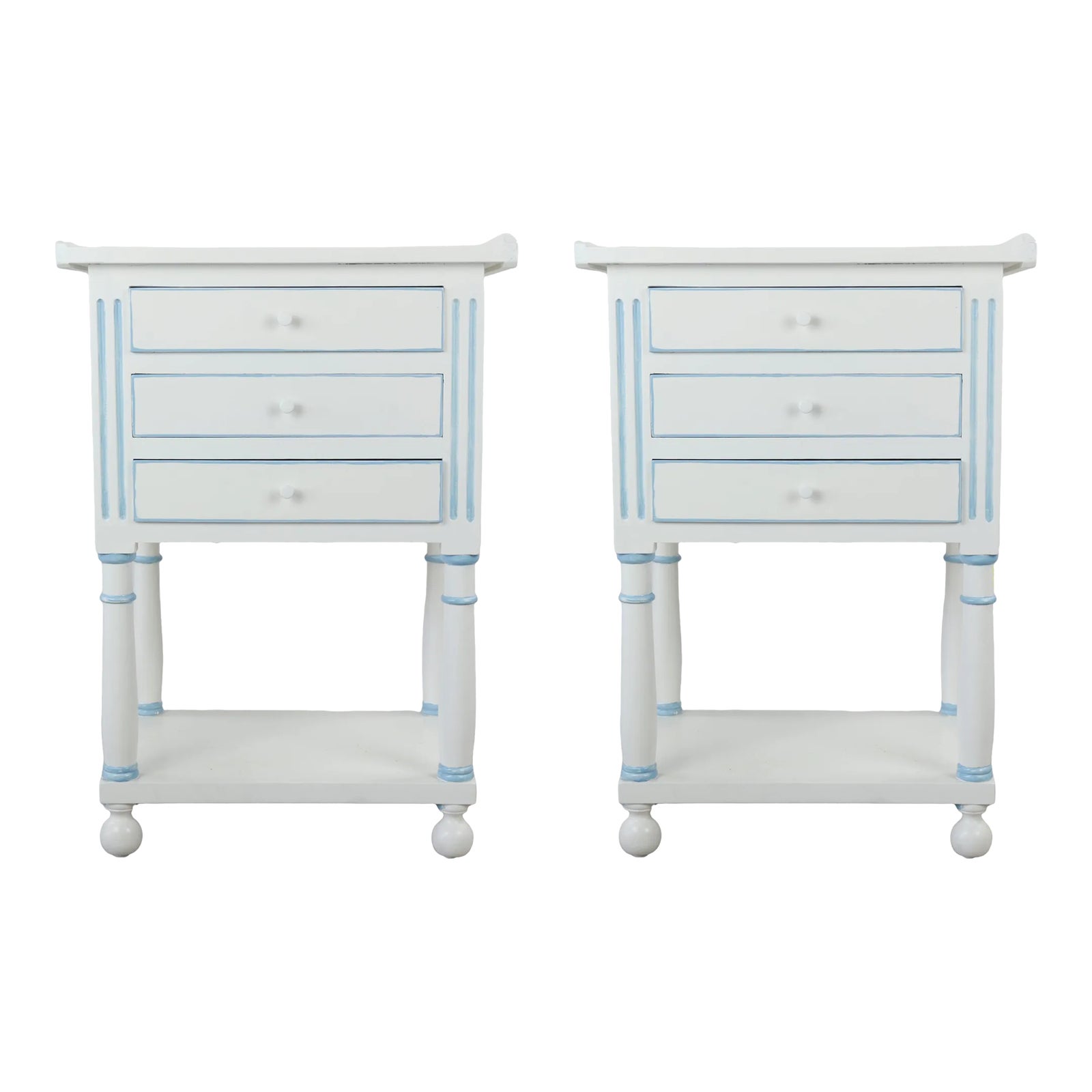 Pair of White Side Tables/Bedside Tables With Light Blue Lines | Chairish