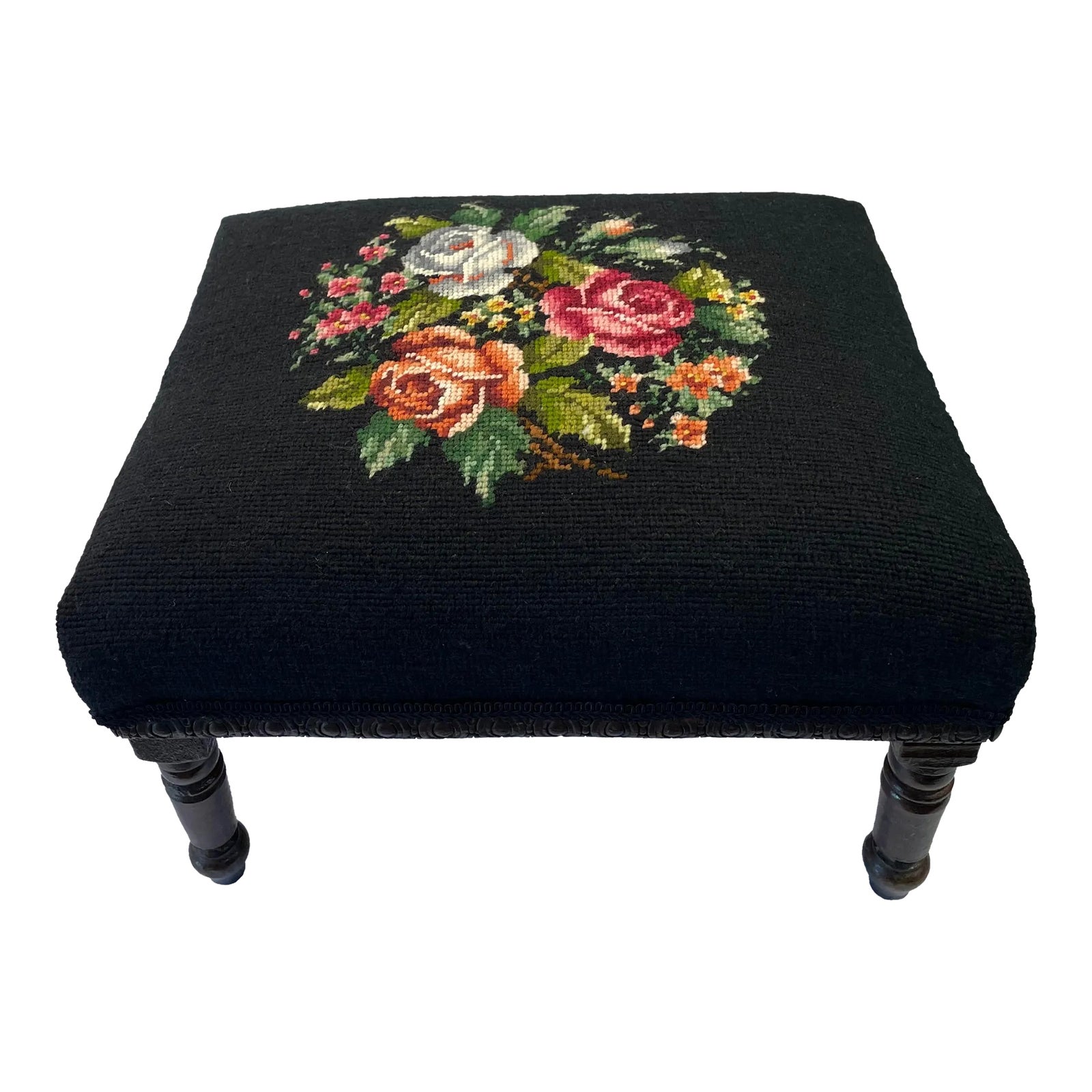 Vintage Needlepoint Stool With Craved Details | Chairish