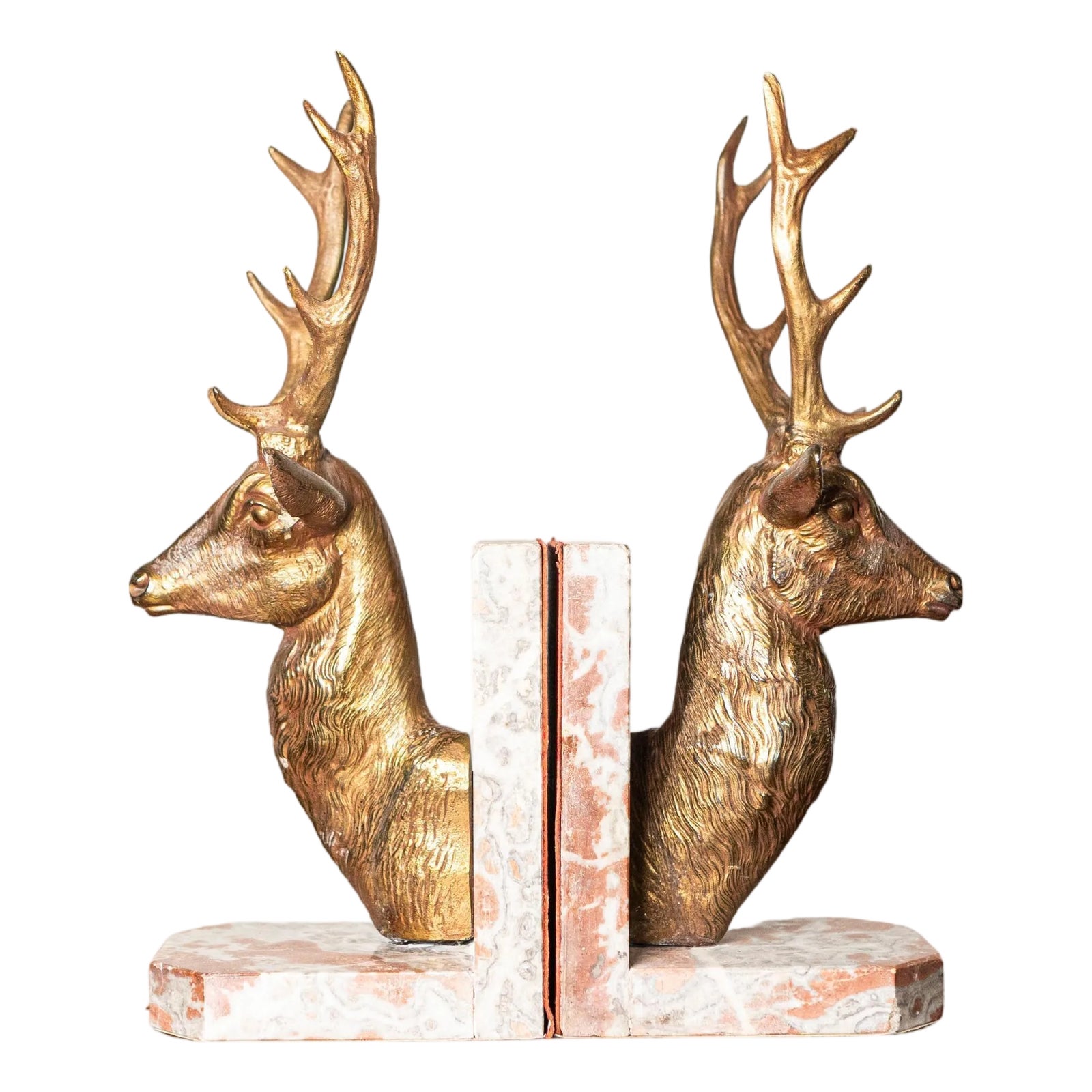 Pair of 20th-Century French Stag Bookends in Gilded Metal and Marble ...