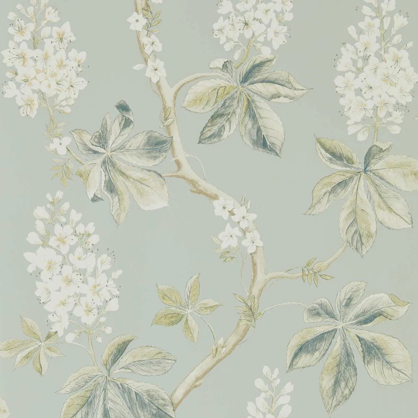 Sanderson Chestnut Tree Wallpaper in Grey Blue/Sage | Chairish