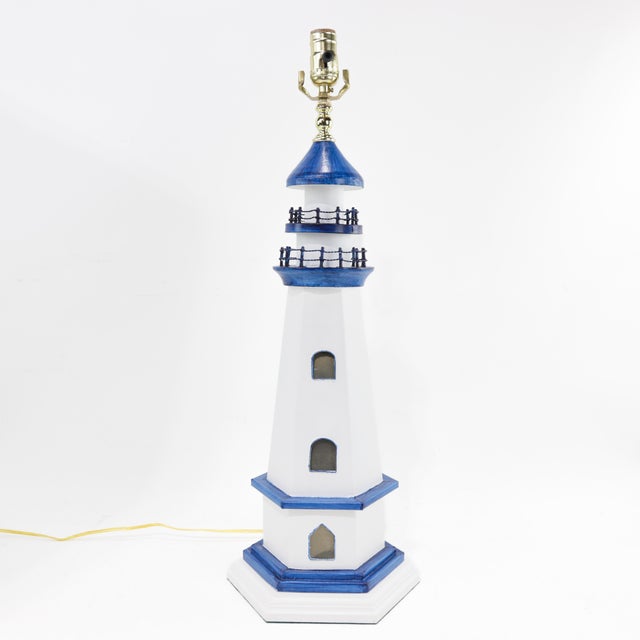 Pair of Vintage Blue and White Nautical Lighthouse Table Lamp | Chairish