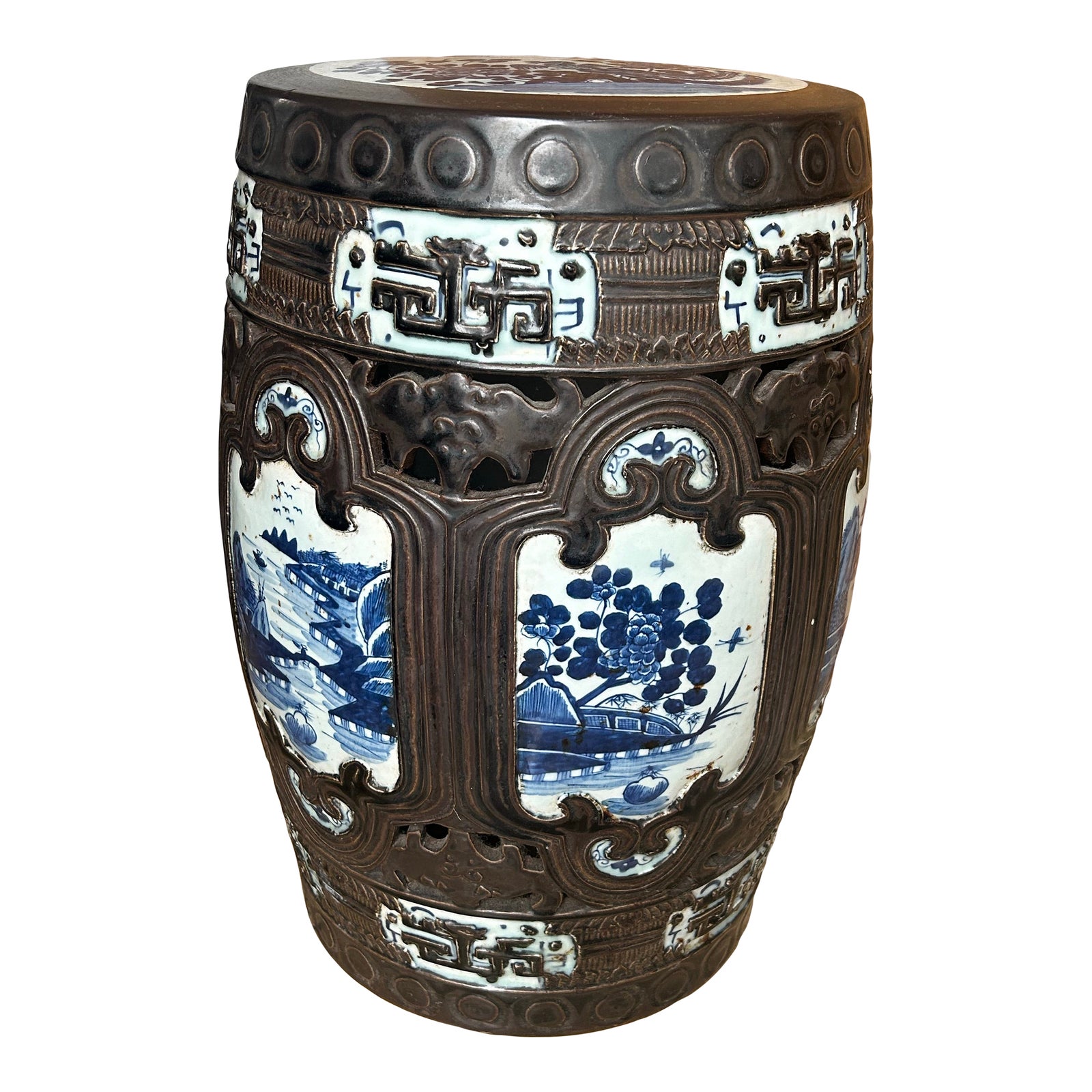 Late 19th Century Chinese Blue & White & Black Porcelain Garden Stool ...