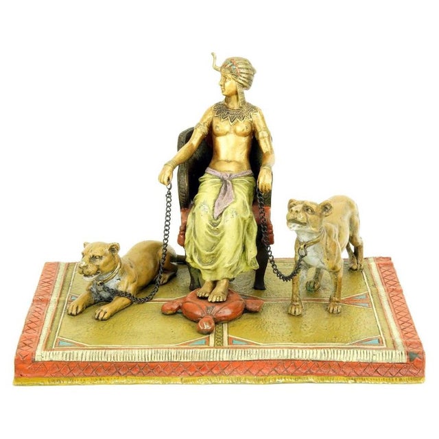 Orientalist Polychrome Bronze Pharaoh Sculpture with Lionesses | Chairish