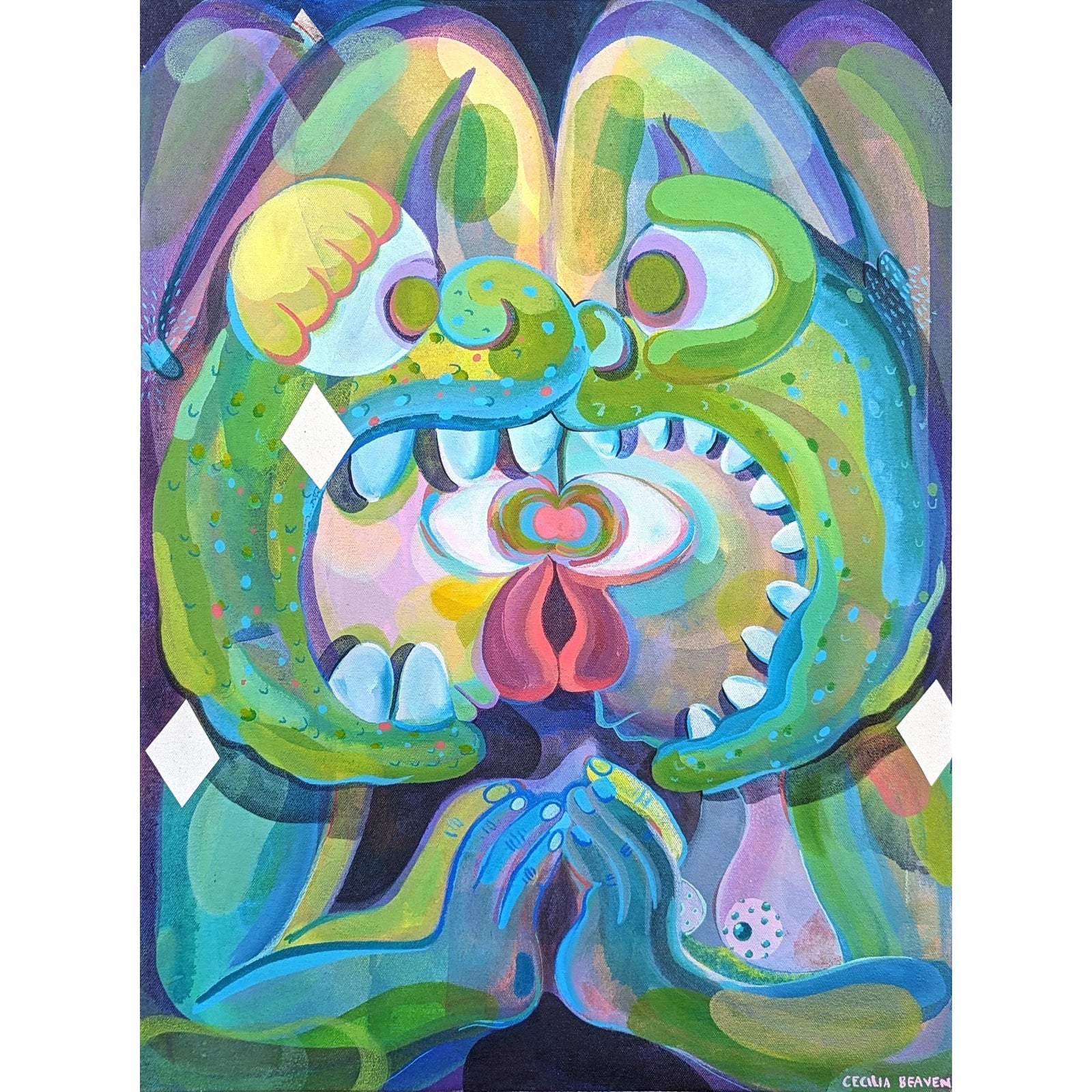 2021 Contemporary Abstract Green and Purple Toned Biomorphic Animal ...