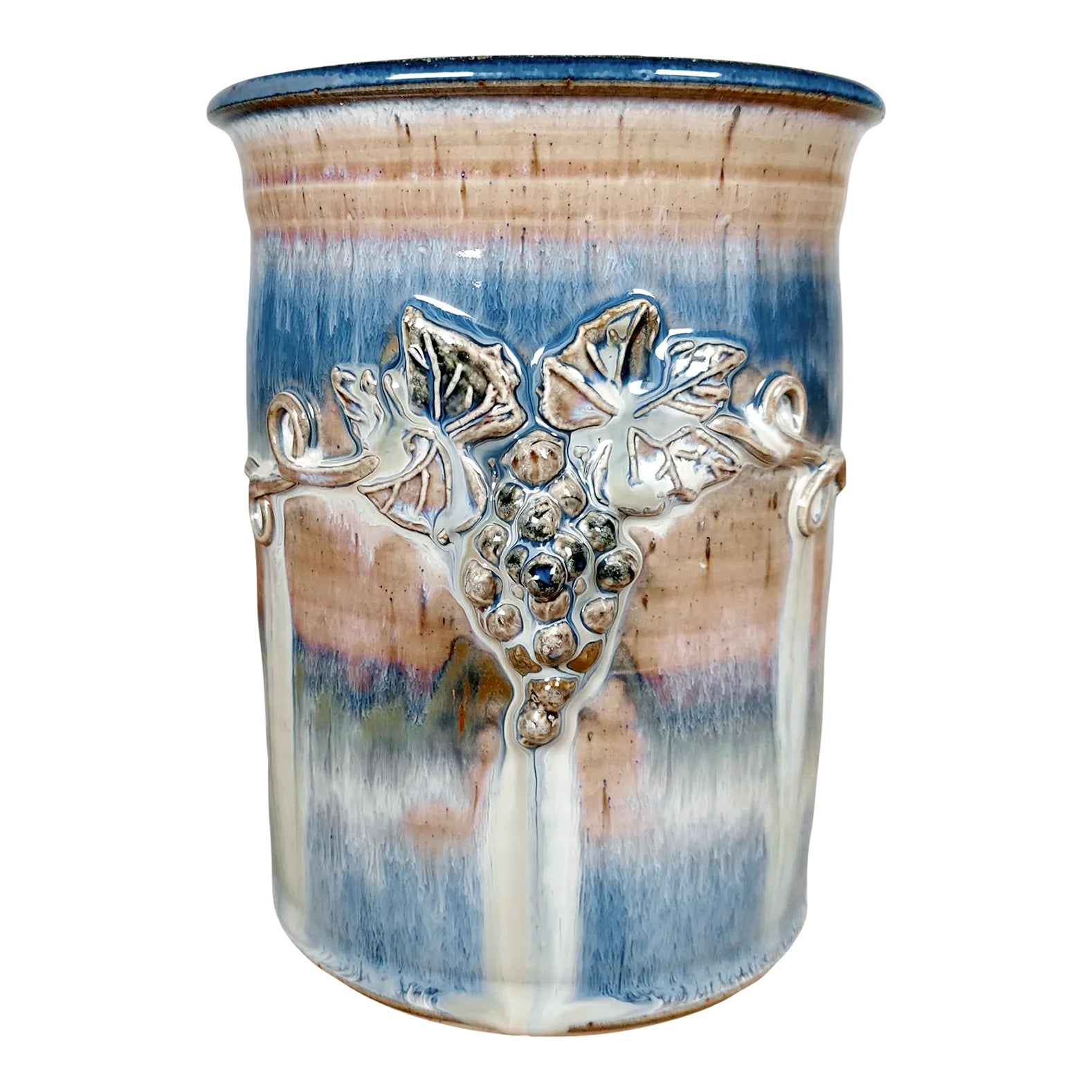 2000s Hand Thrown Studio Art Vase Signed Drip Glaze Grapes Vines Motif ...