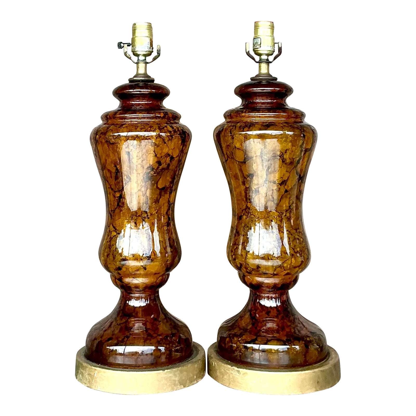 Vintage Boho Tortoise Glass Lamps - a Pair | Chairish
