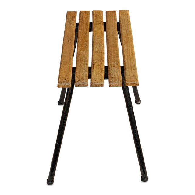 1970s Vintage Brutalist Iron and Wood Slats Stool | Chairish