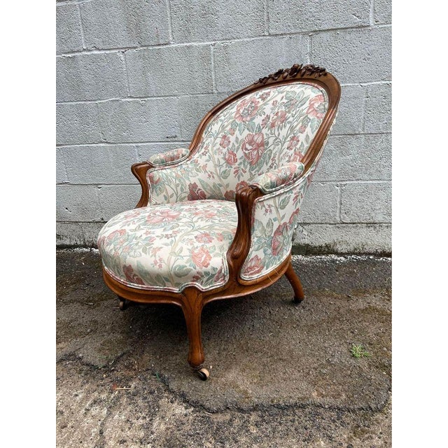 Mid 20th Century Pair Victorian Rococo Style Walnut Carved Upholstered ...