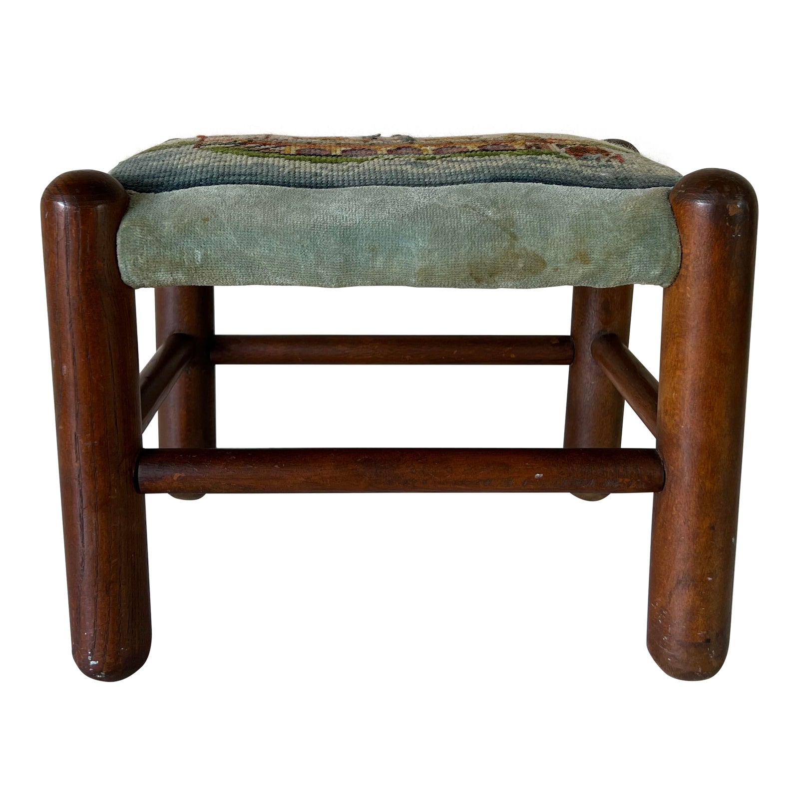 Vintage Farmhouse Wood Footstool With Needlepoint Upholstery | Chairish