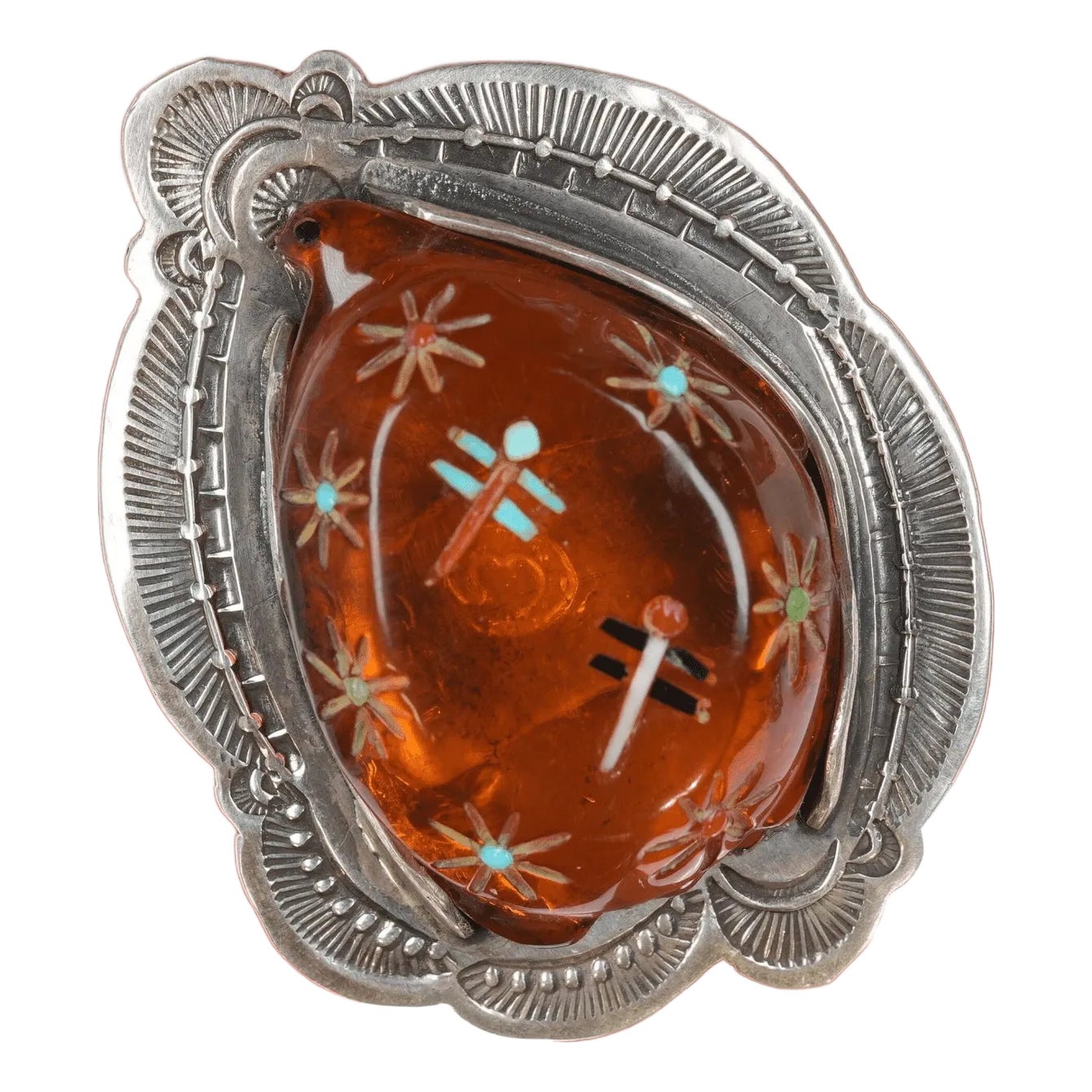 Sz8 Native American Heavy Stamped Silver Carved/inlaid Amber Turtle ...