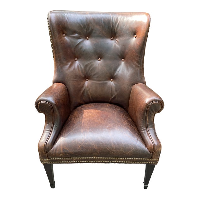Handsome Leather Wing Chair | Chairish