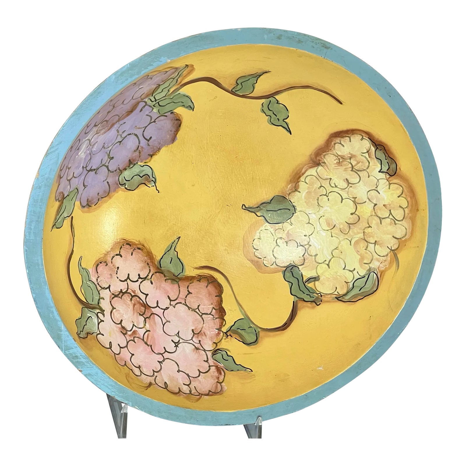 Vintage Hand Painted Hydrangea Flowers Wood Bowl | Chairish