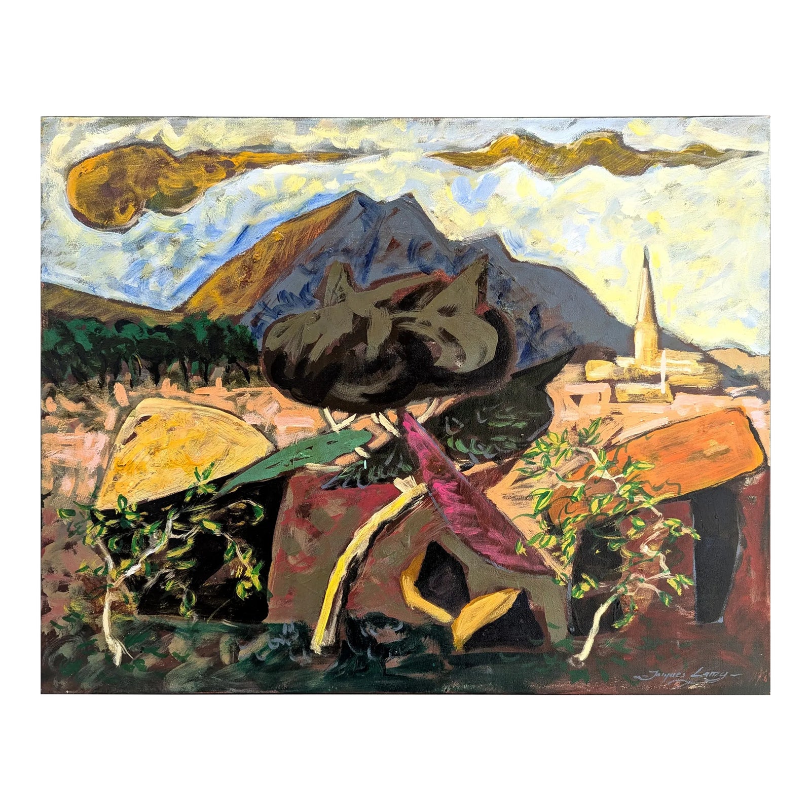 Southwestern Landscape With Church by Texas Artist Jacques Lamy | Chairish