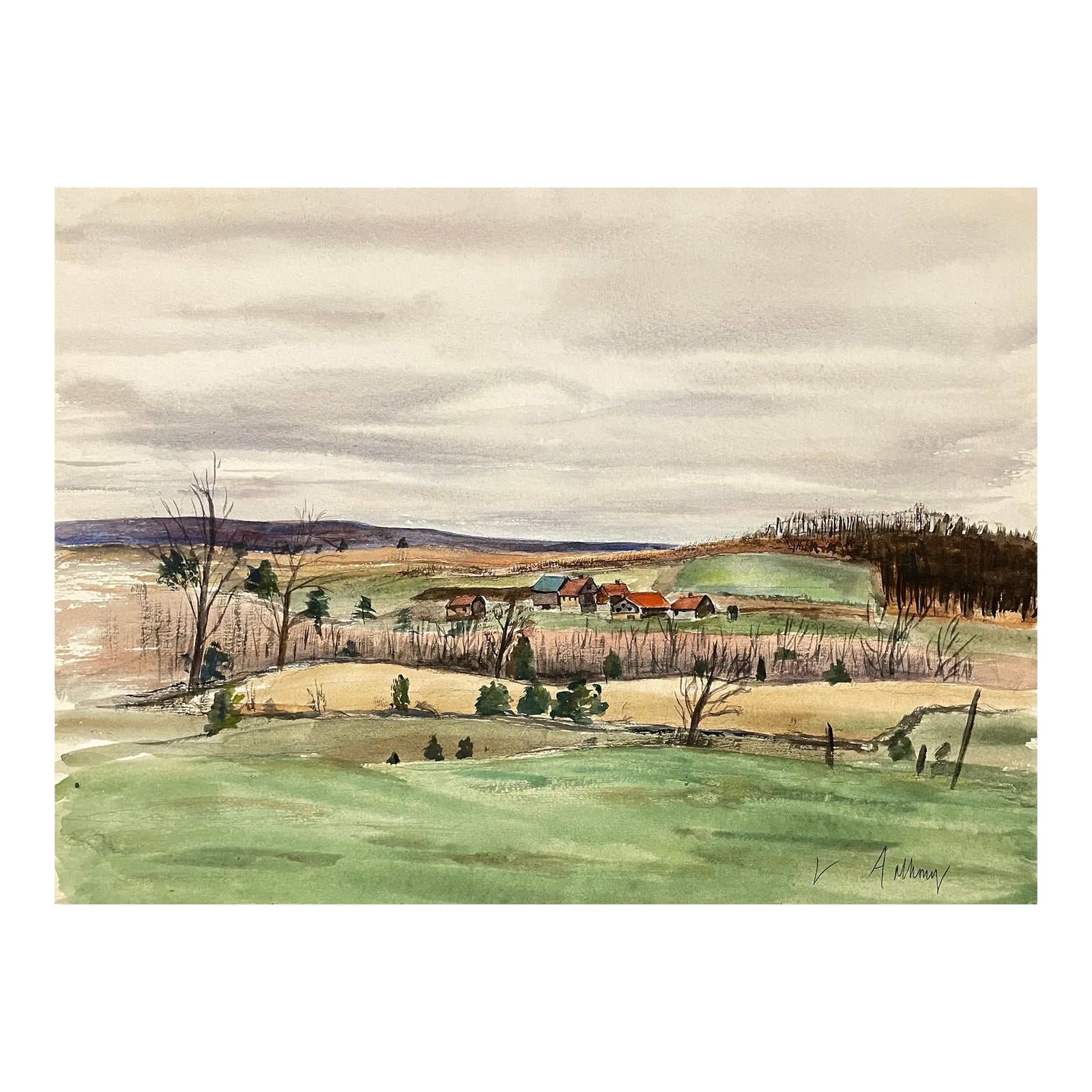 1950s Loren Anthony New England Farm in Landscape | Chairish