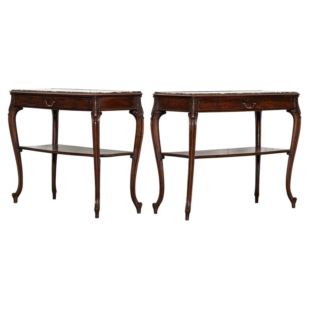 French Walnut and Marble Serving Tables, 1880s, Set of 2 | Chairish