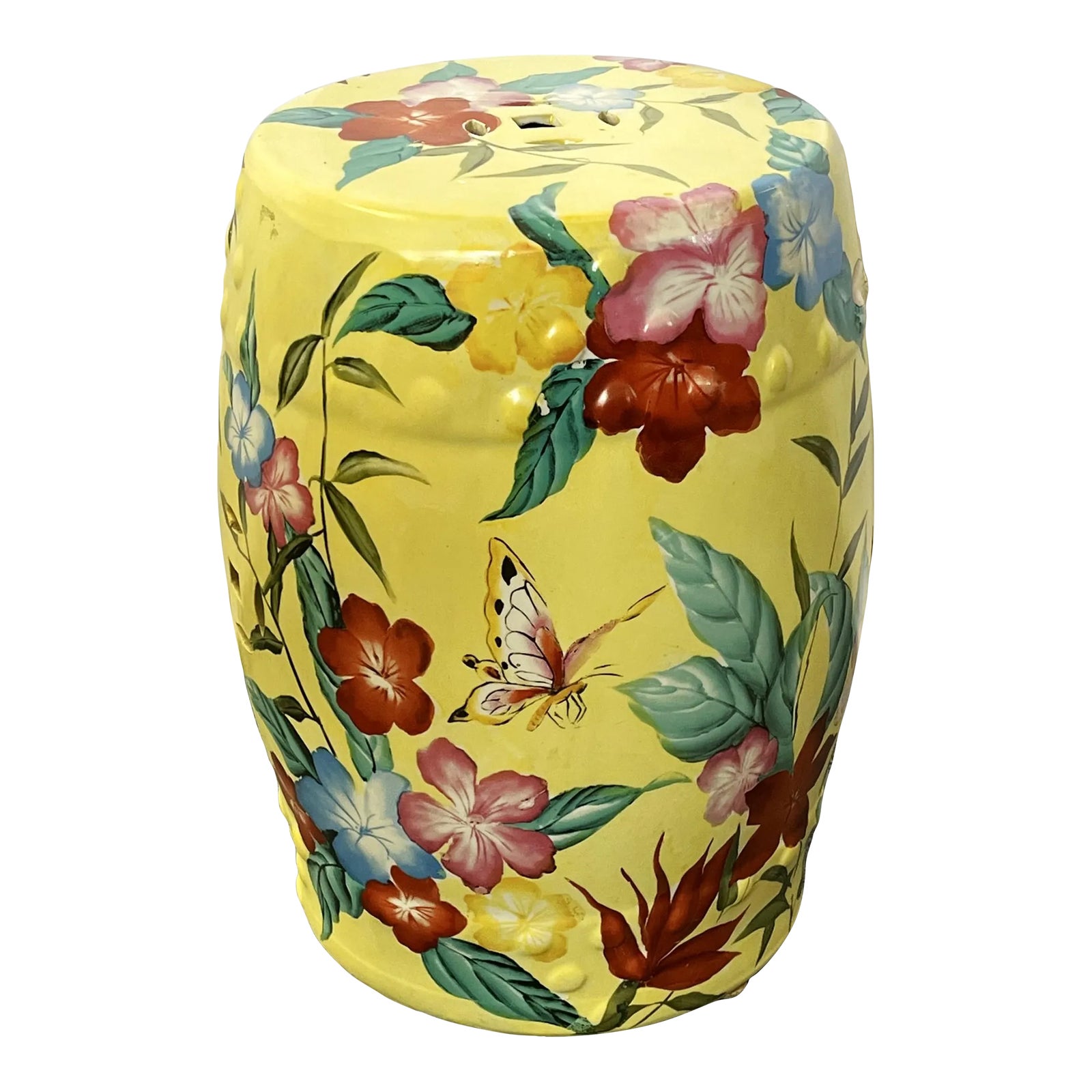 Vintage Chinoiserie Ceramic Garden Stool With Tropical Flowers and ...