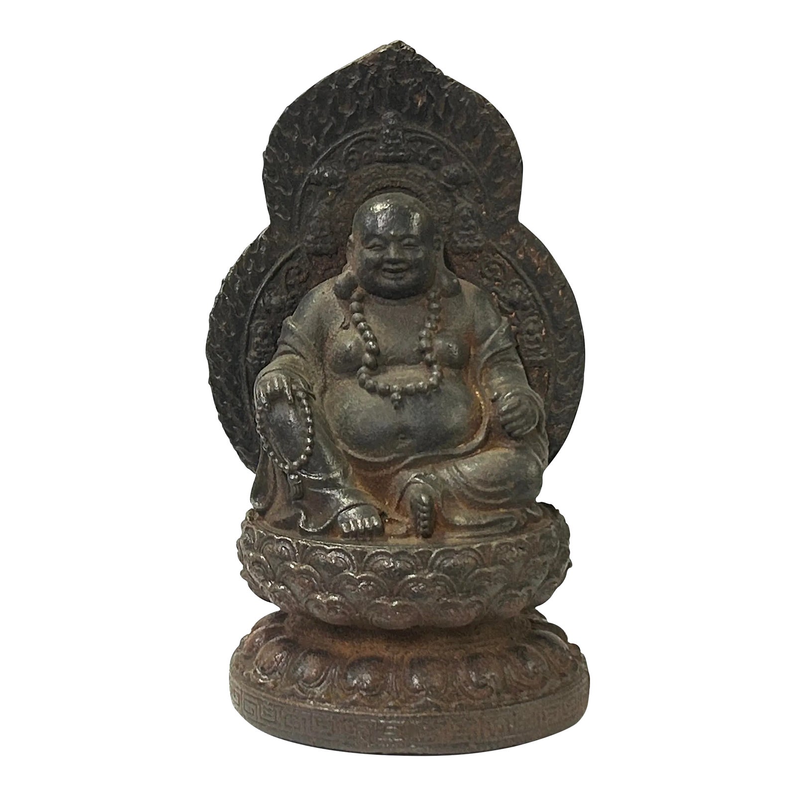 Vintage Iron Metal Finish Rustic Happy Buddha Display Figure | Chairish