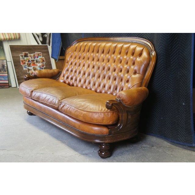1980s Vintage Italian Fruitwood Tufted Leather Nailhead 3 Seat Library ...