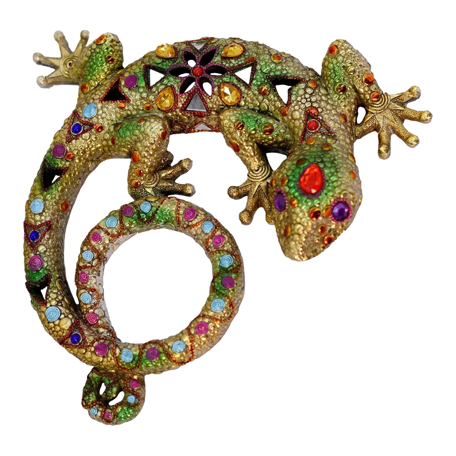 Multicolored Decorative Cast Resin Gecko or Salamander With Faux Jewel ...
