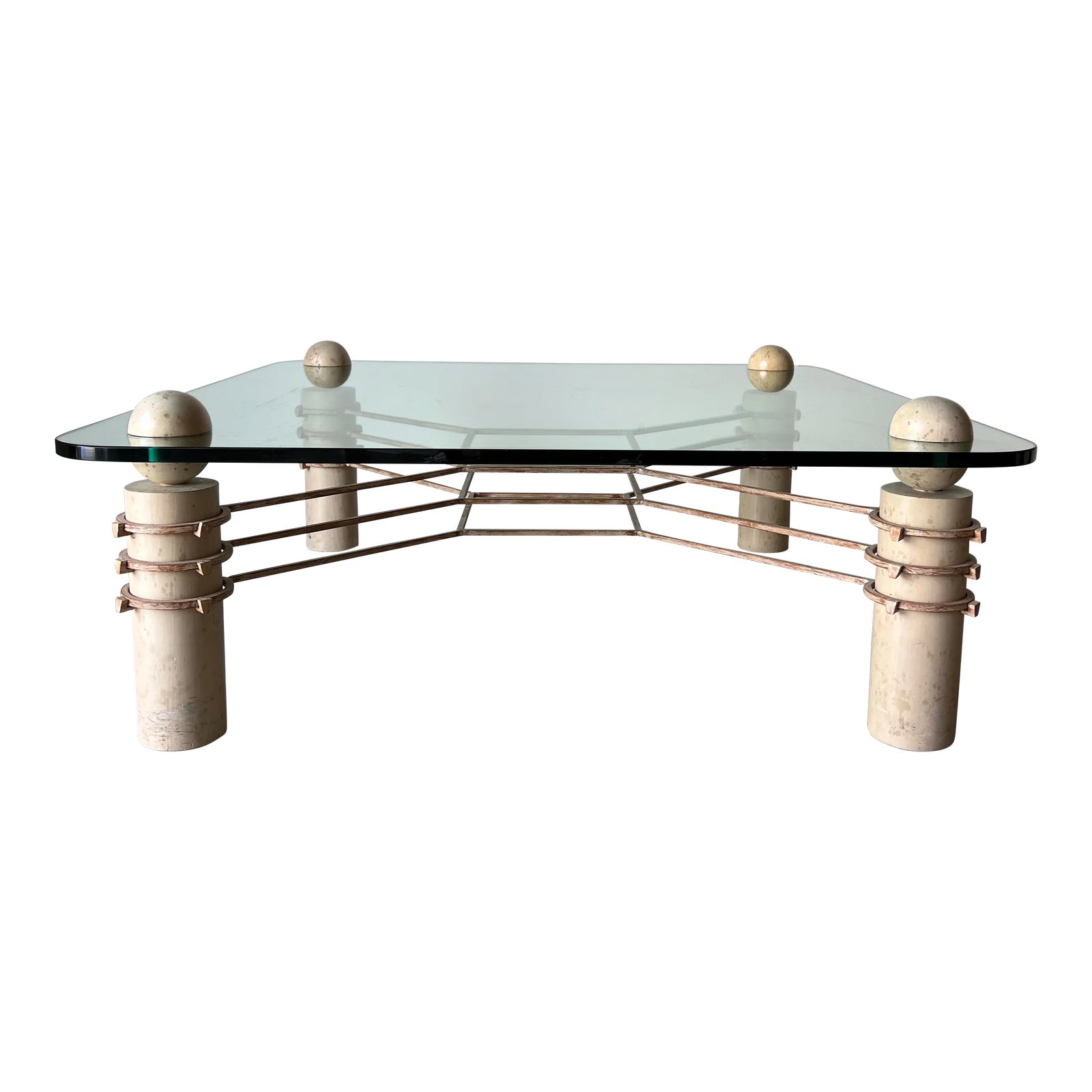 Postmodern Wood and Metal Square Coffee Table With Glass Top | Chairish