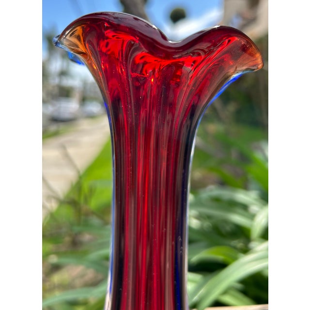 Vintage Jewel-Tone Red-Blue Split-Color Murano Style Bud Vase | Chairish