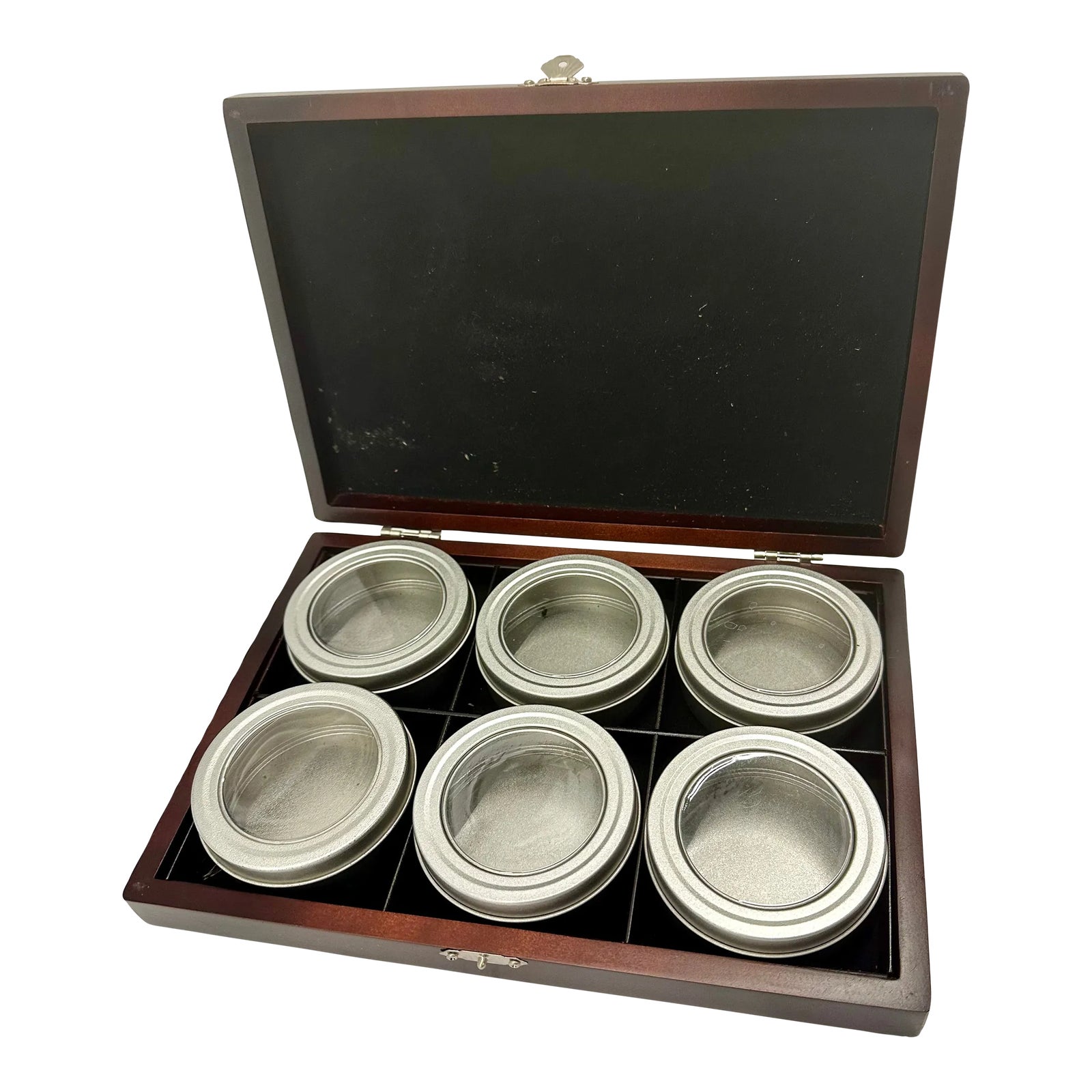 Tea Chest Wood Box Empty Set 6 Canisters Presentation Lidded | Chairish