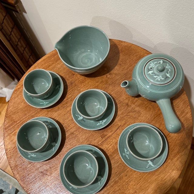 Early 21st Century Korean Style Celadon Porcelain Crane Bird Cloud Design Gong Fu Cha Tea ...