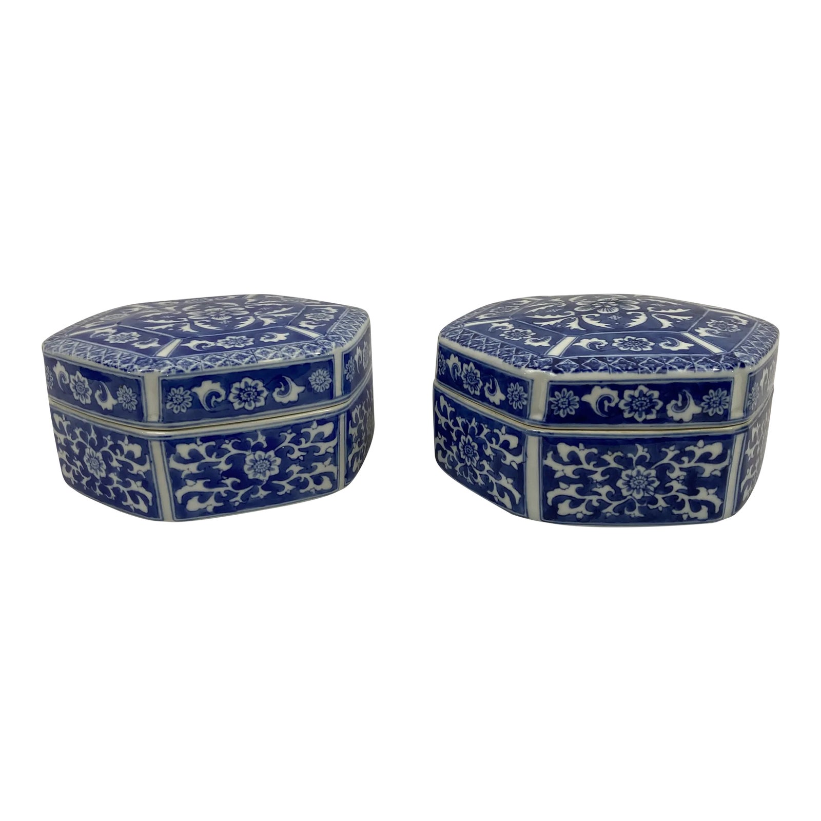 Vintage Blue and White Chinese Porcelain Boxes- a Pair | Chairish
