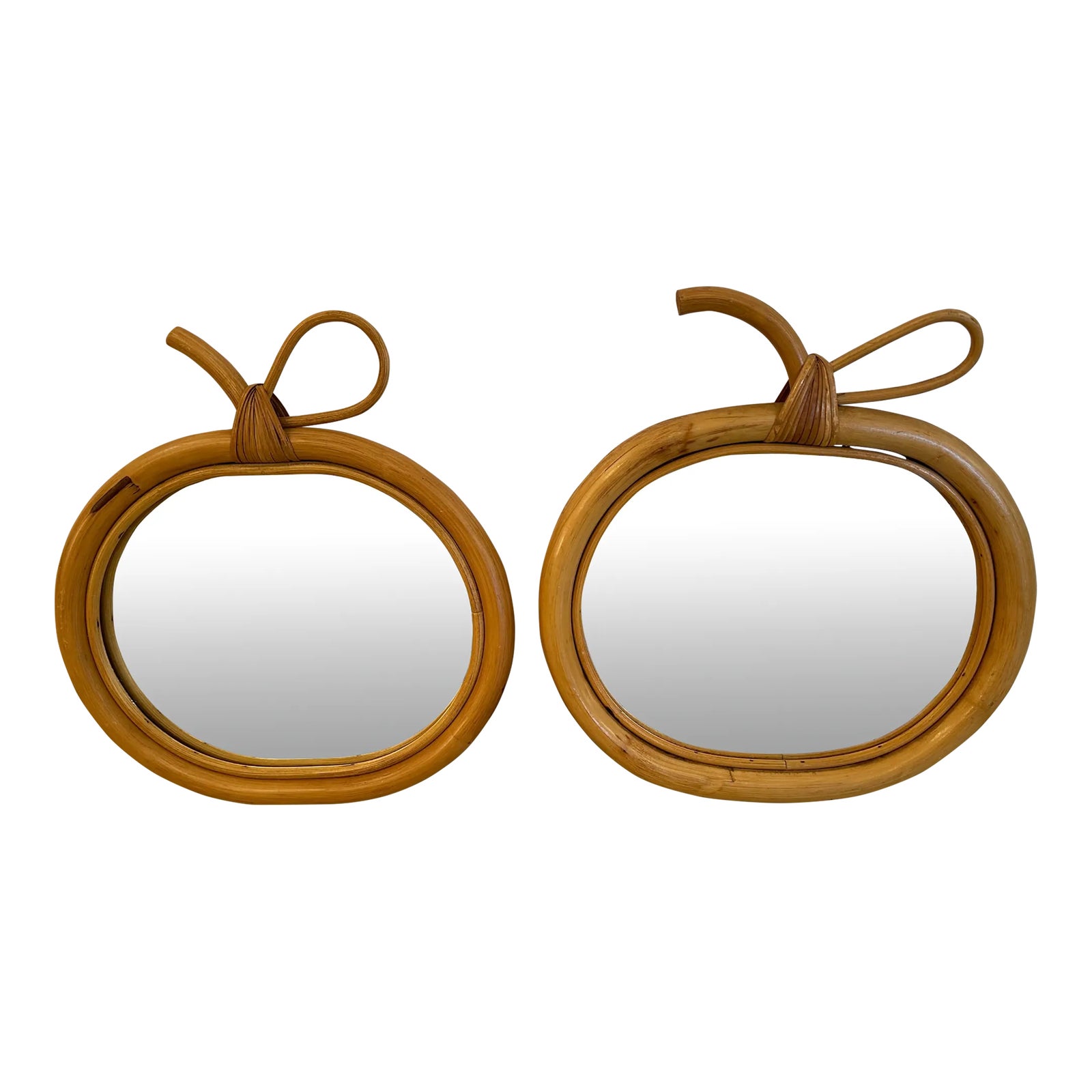 French Rattan & Wicker Apple Form Mirrors -A Pair | Chairish