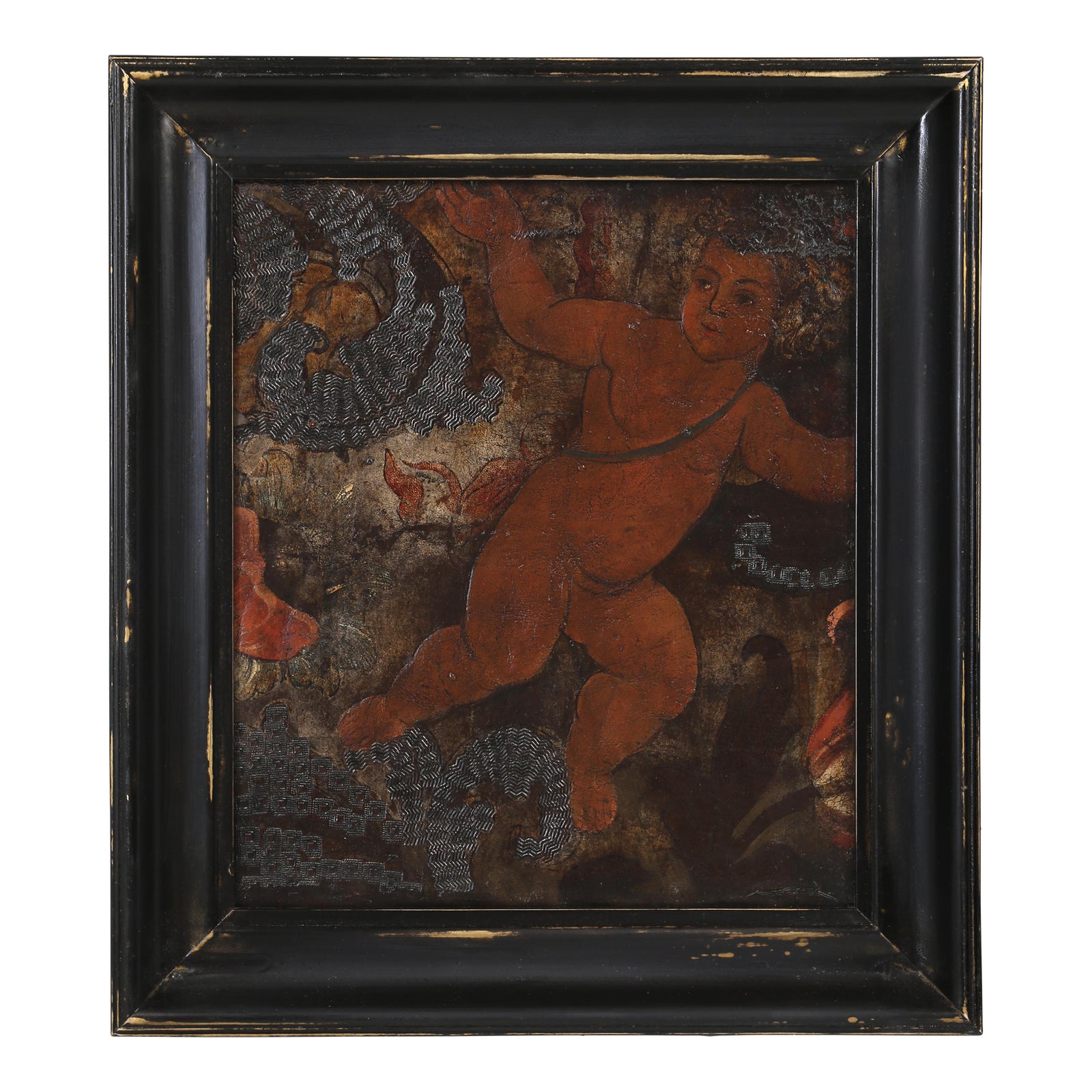 Oil Painting on Tooled Leather of a Putti or Cherub Male Child From ...