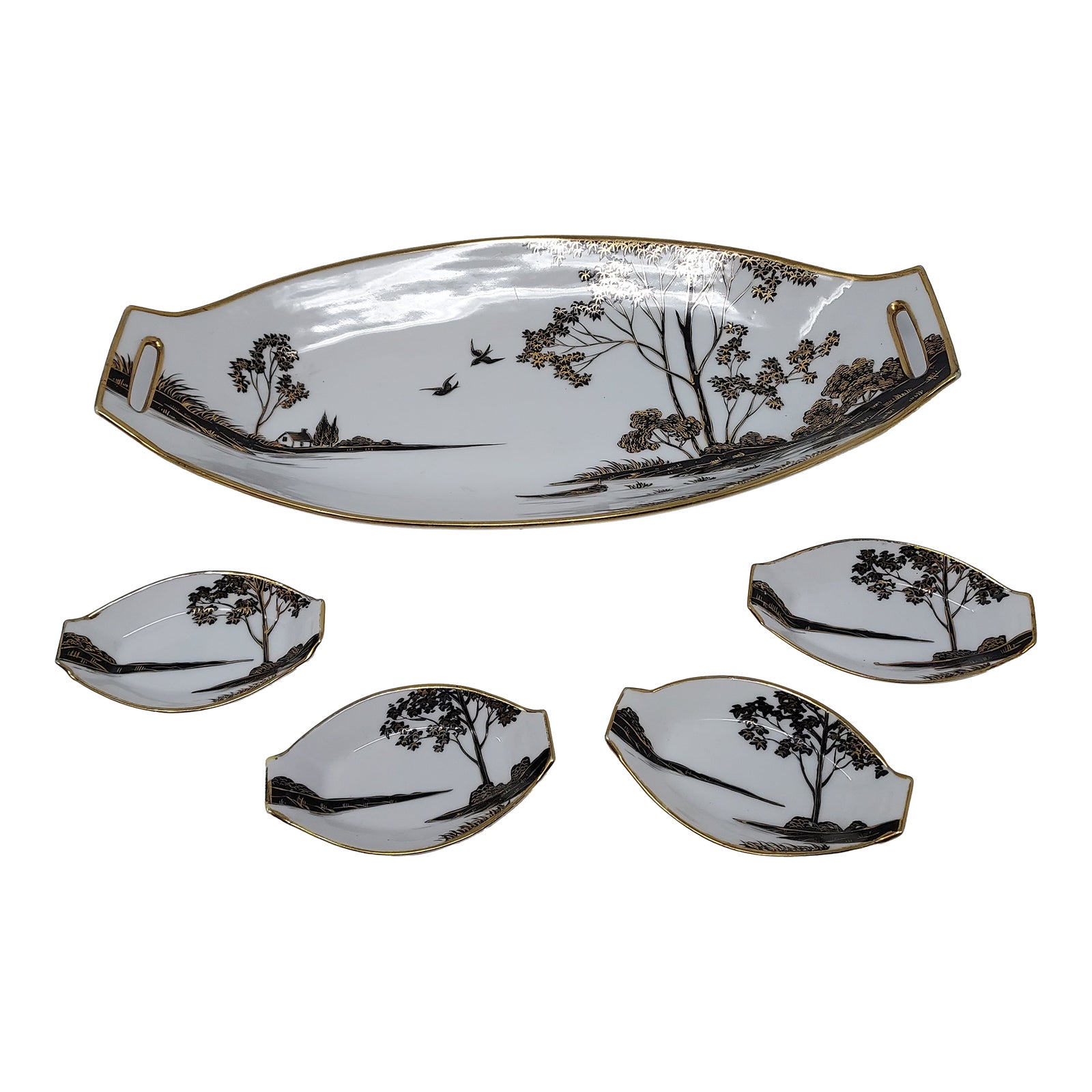 Morimura Nippon Snack Serving Set Black Gold Lake Scene 5 Pieces 1910 ...