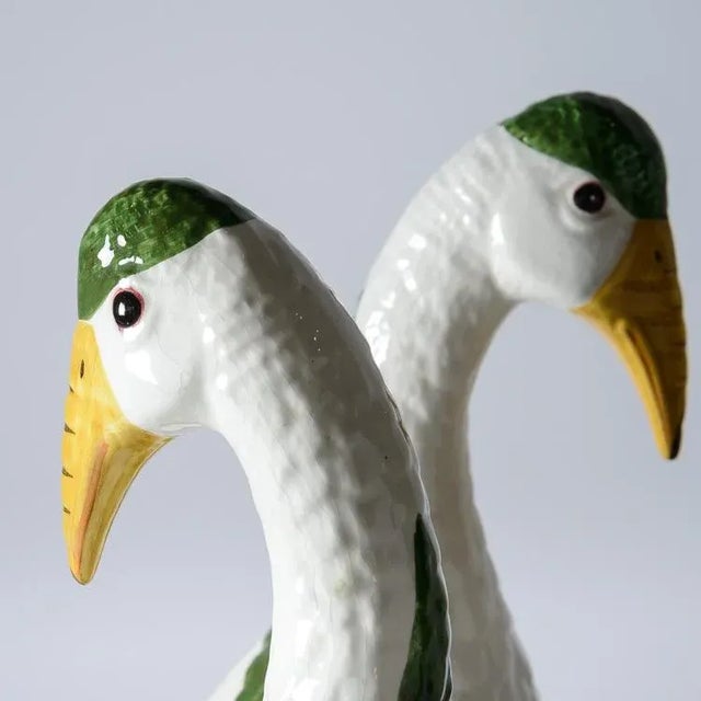 Pair of Italian Glazed Ceramic Decorative Birds in White & Green | Chairish