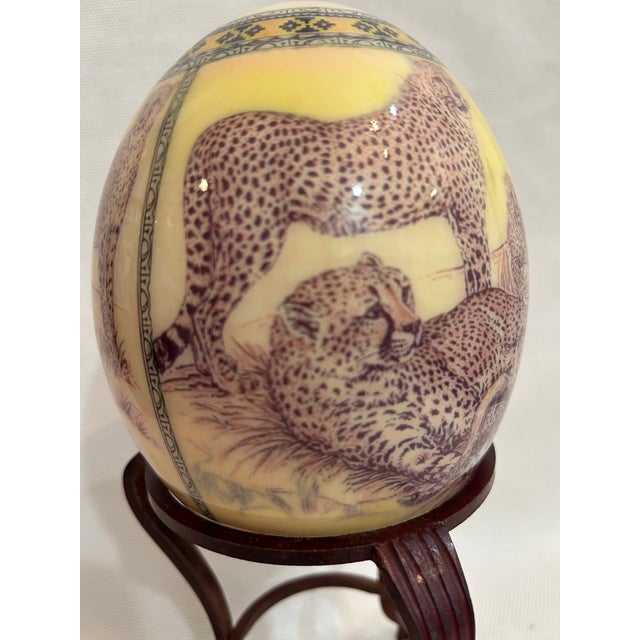 Contemporary Decoupage Ostrich Egg Depicting Cheetahs on Stand | Chairish