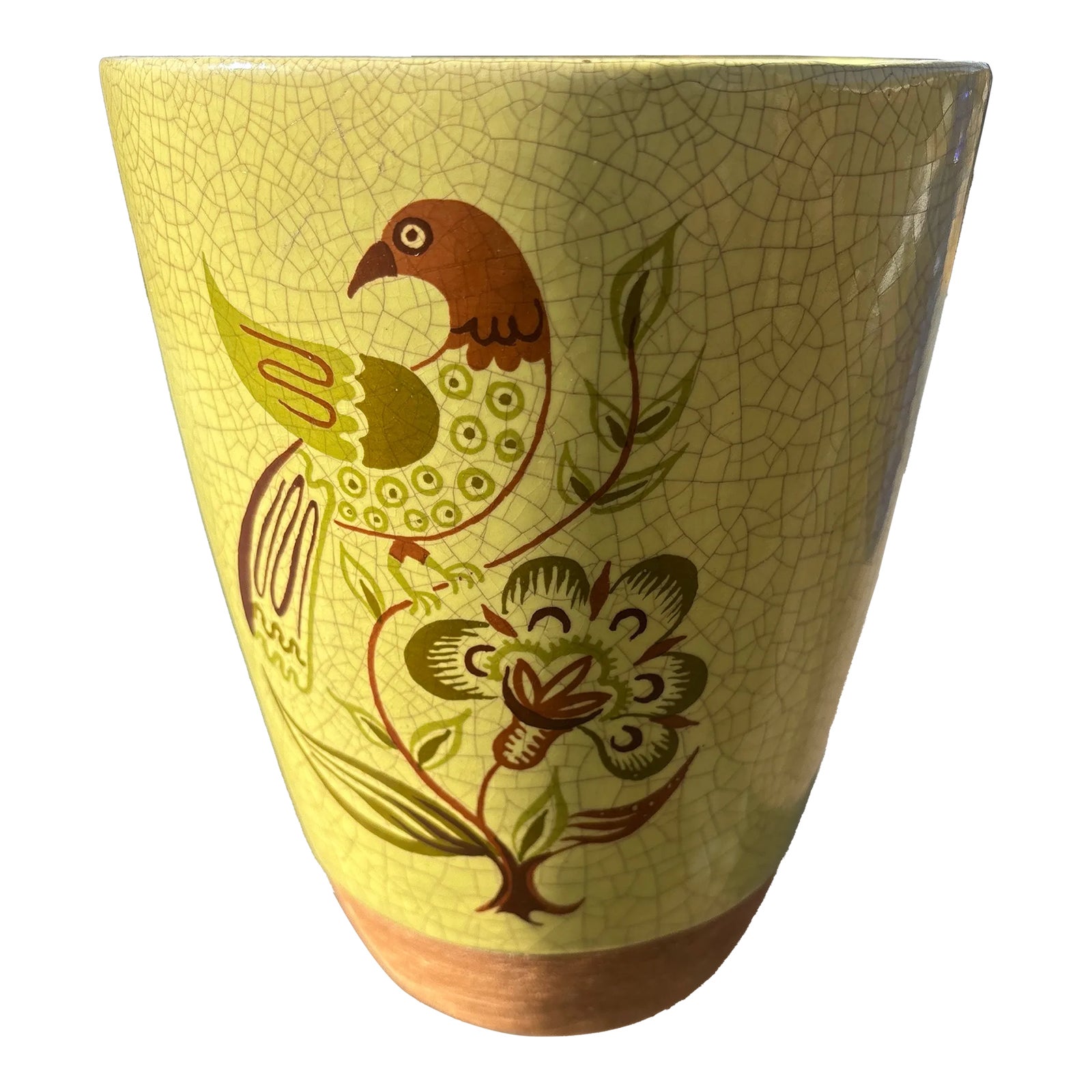 1940s Barbara Willis Yellow Vase With Bird and Flower Design on a ...
