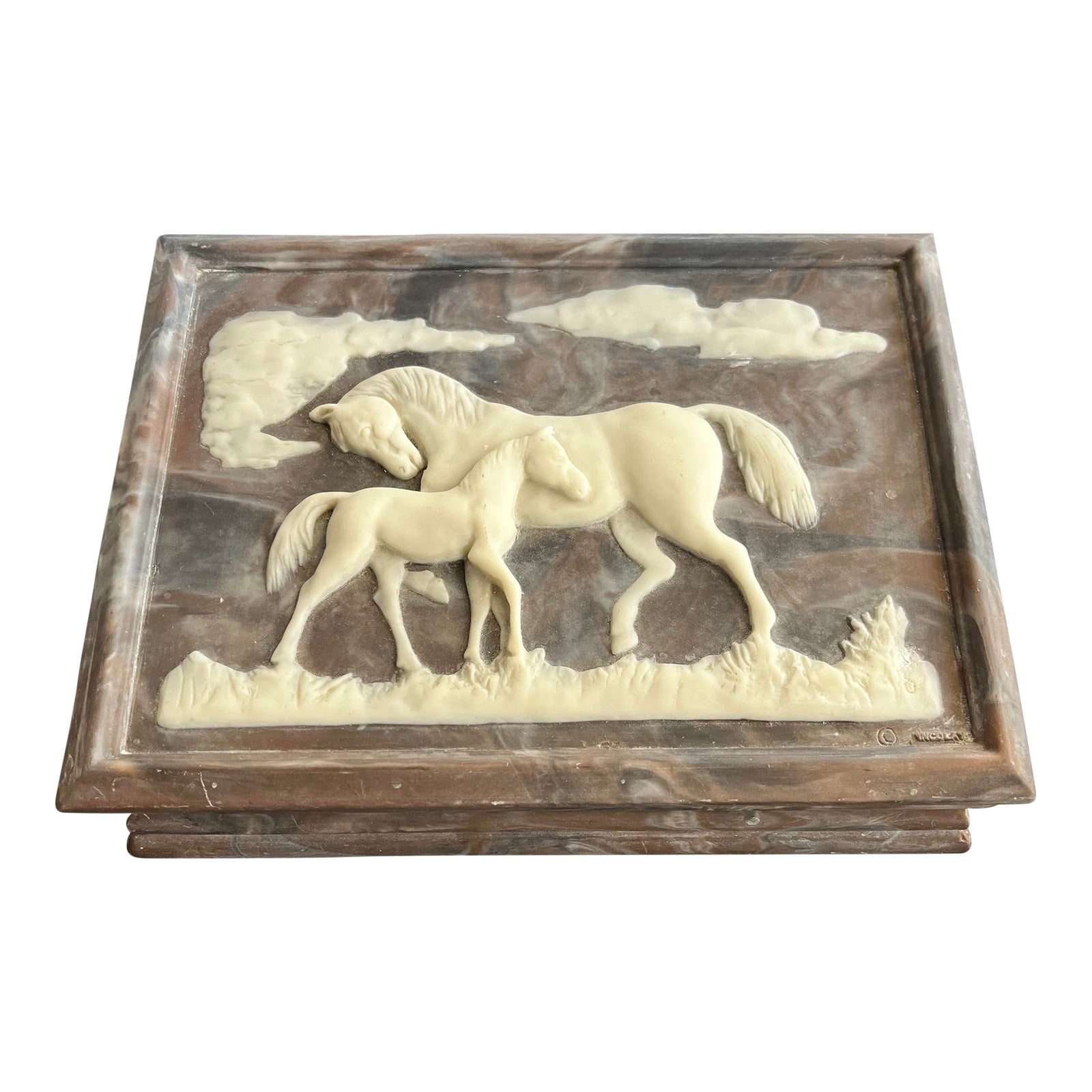 1970s Large Hand Carved Incolay Stone Mare & Foal Equestrian Horse ...