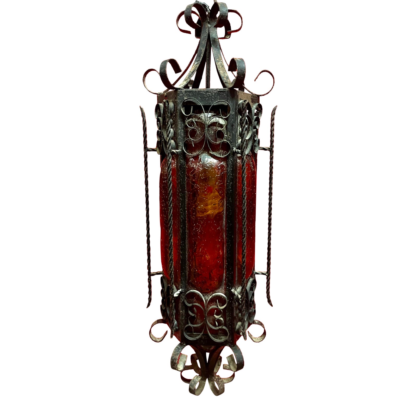 Vintage 1960s Spanish Wrought Iron Gothic Hanging Light in Amber Slag ...