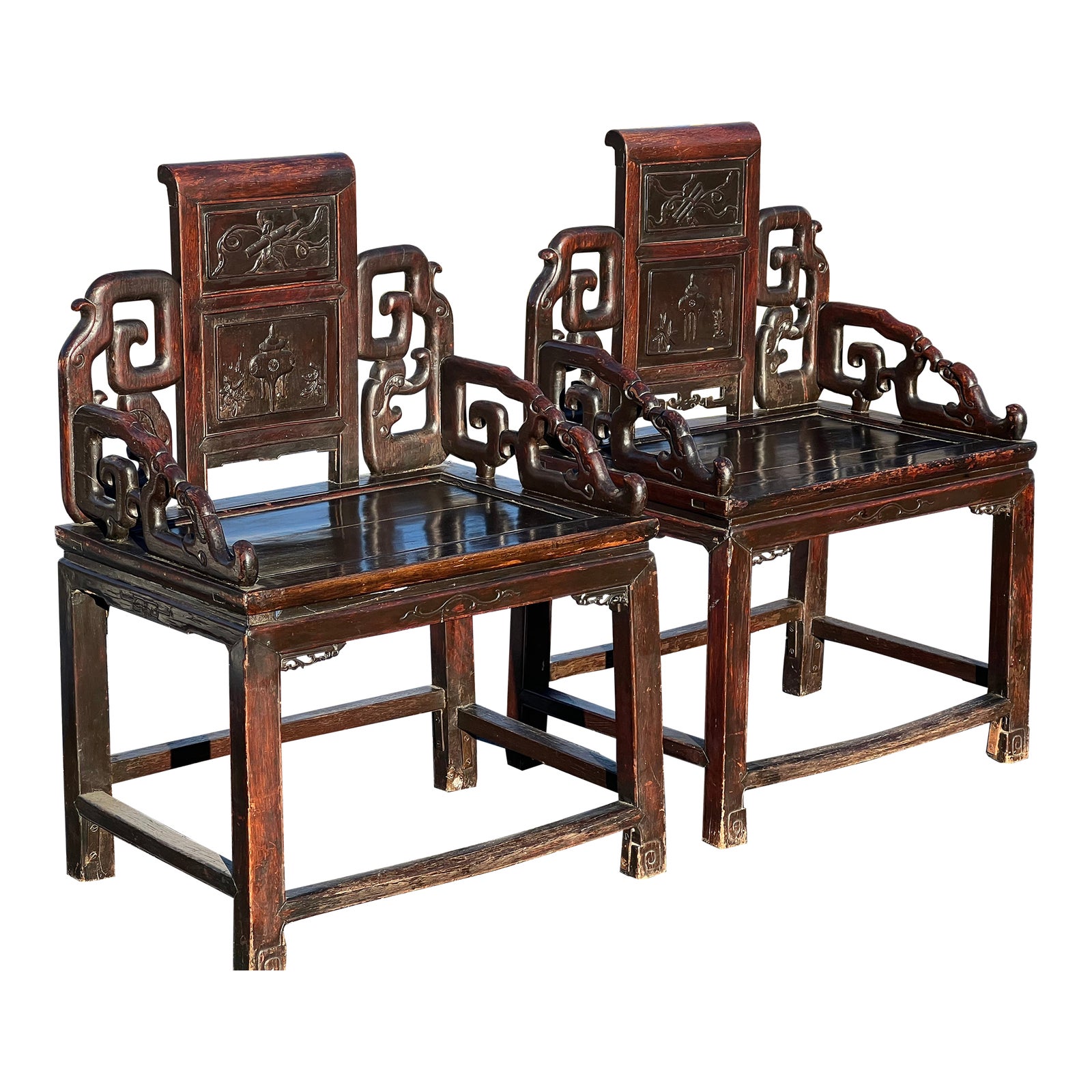 Early 1900s Pair Antique Chinese Chairs With Scrolled Arms and Carved ...