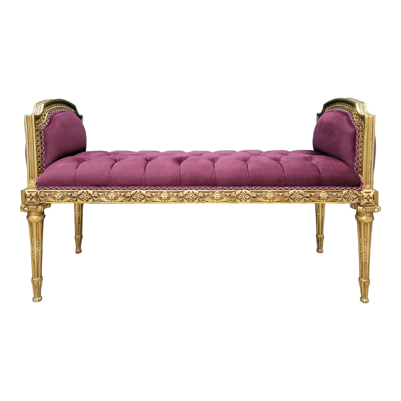 Mid 20th Century Louis XV Style Bench, Aged Gold Leaf Tufted Maroon ...