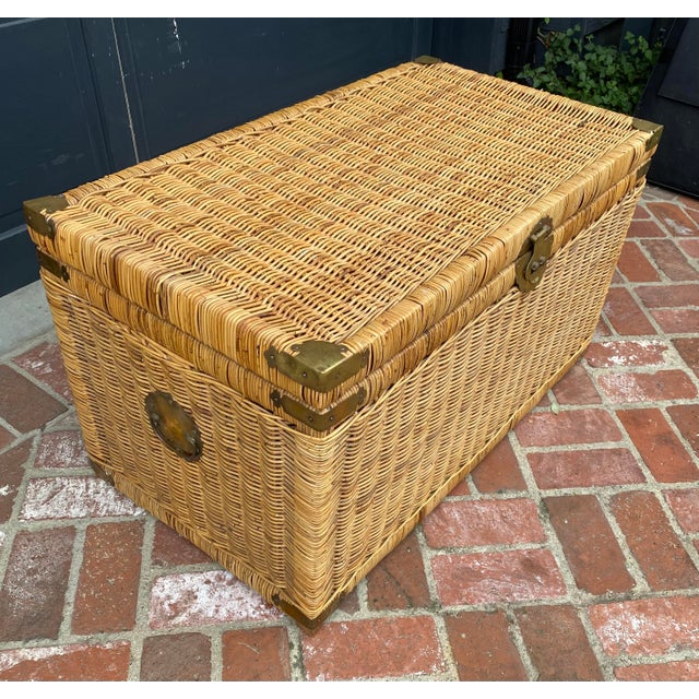 1970's Chinoiserie Rattan Trunk/Coffee Table With Brass Hardware | Chairish