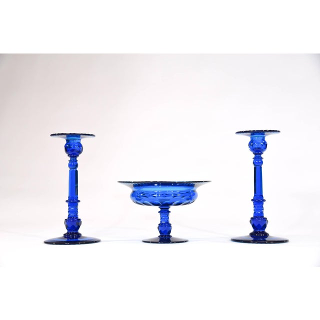 Steuben "Celeste Blue" Cut Crystal Centerpiece Set Candlesticks & Bowl ...